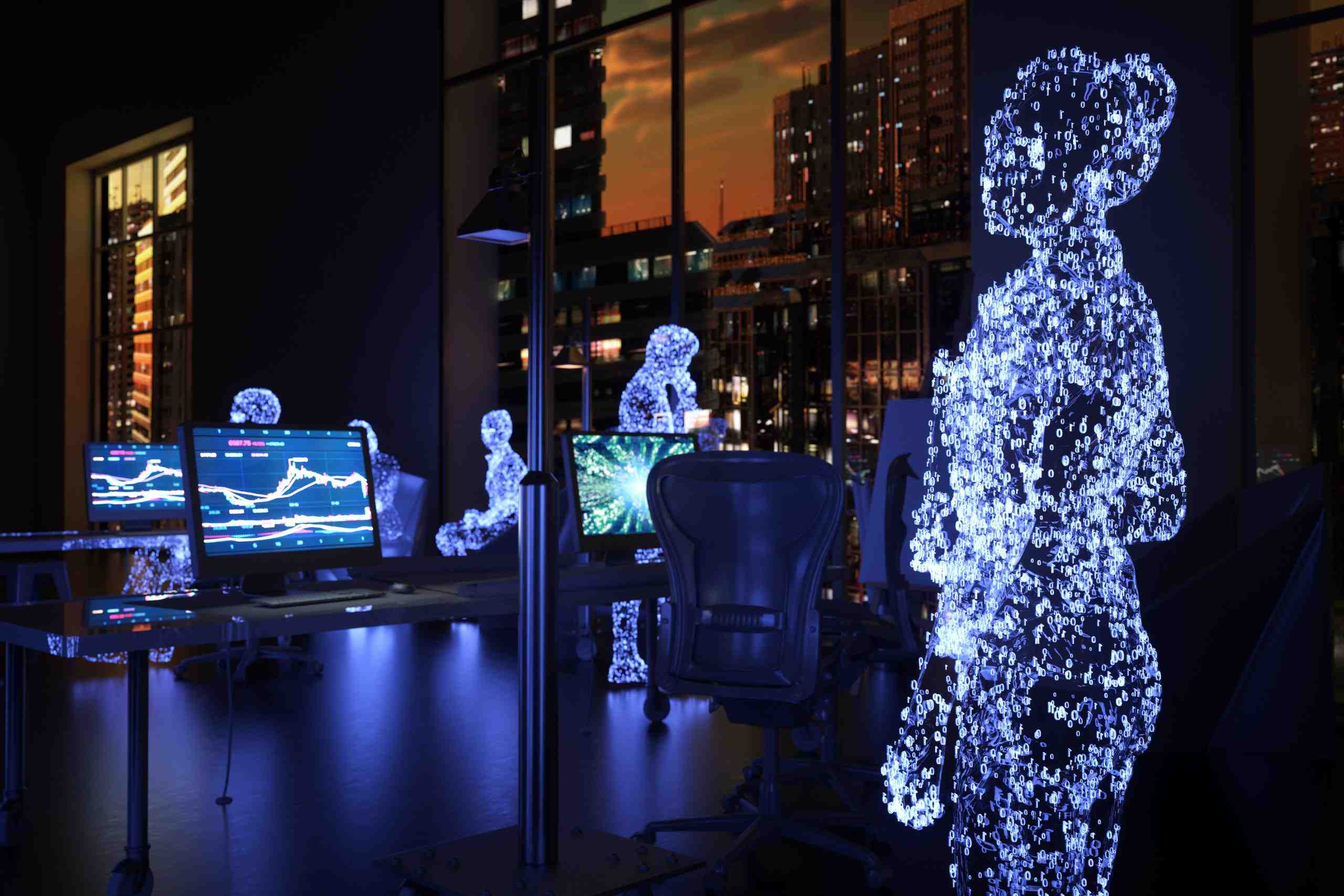 Teamwork in metaverse with Cyber City skyline | Multiable ERP System in ...